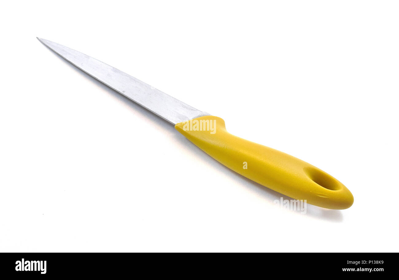 Plastic serrated kitchen knife with yellow handle - isolated Stock ...