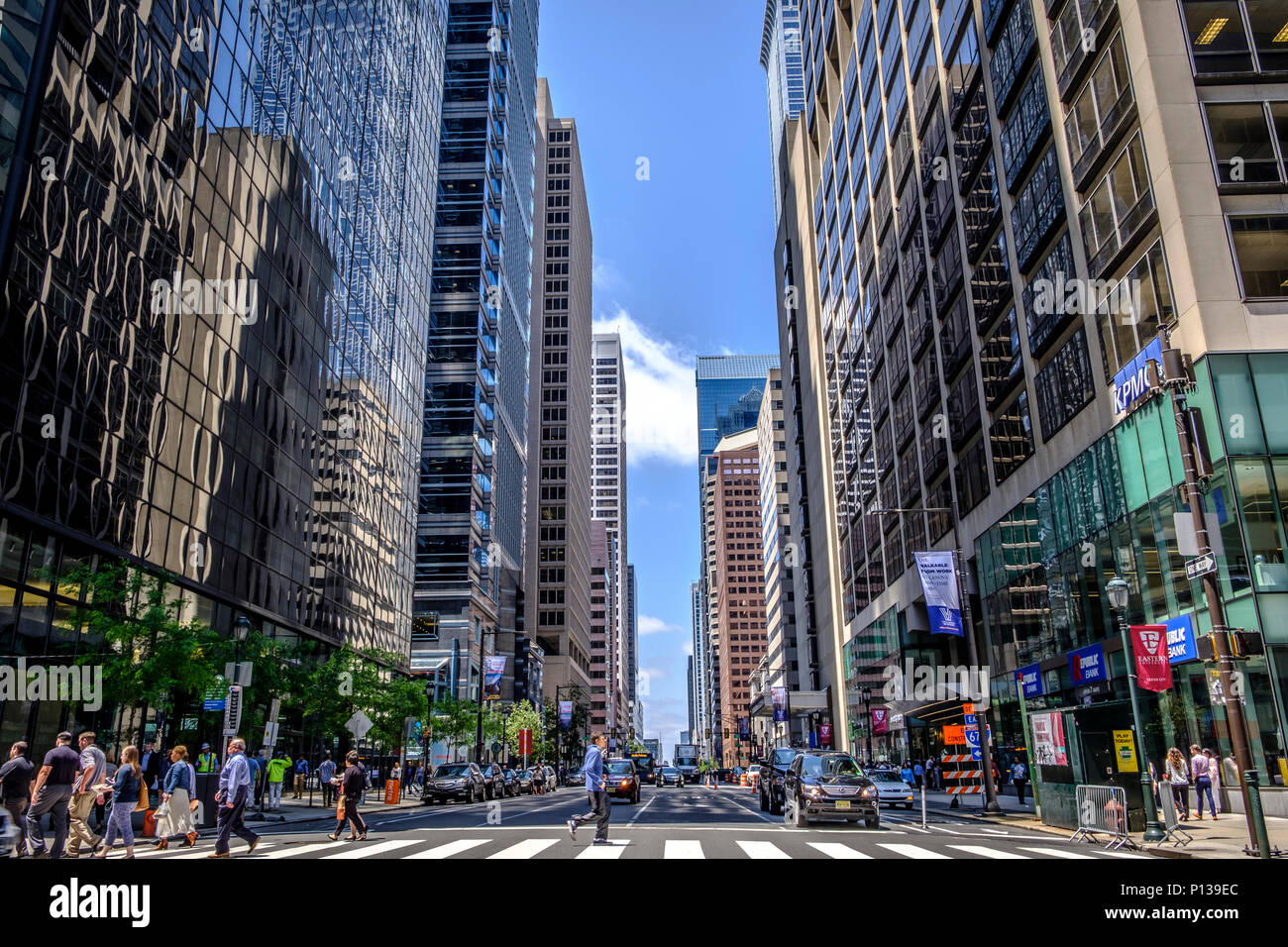 Busy Market Street with crosswalk in downtown center city Philadelphia ...
