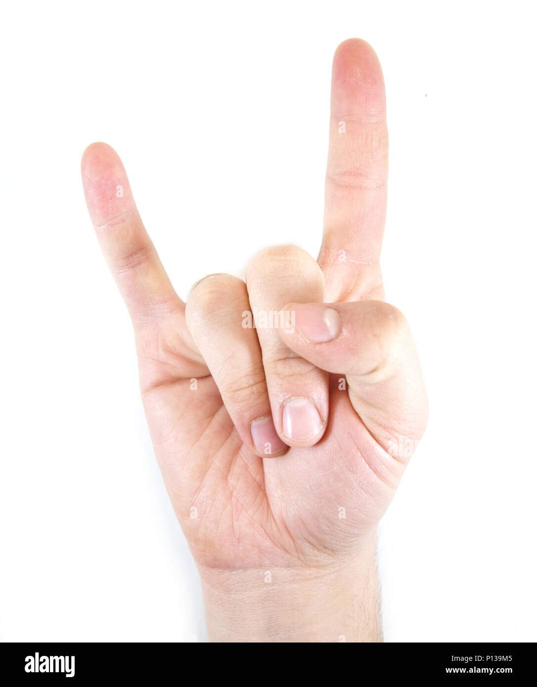 Hand making "rock on" symbol - isolated Stock Photo - Alamy