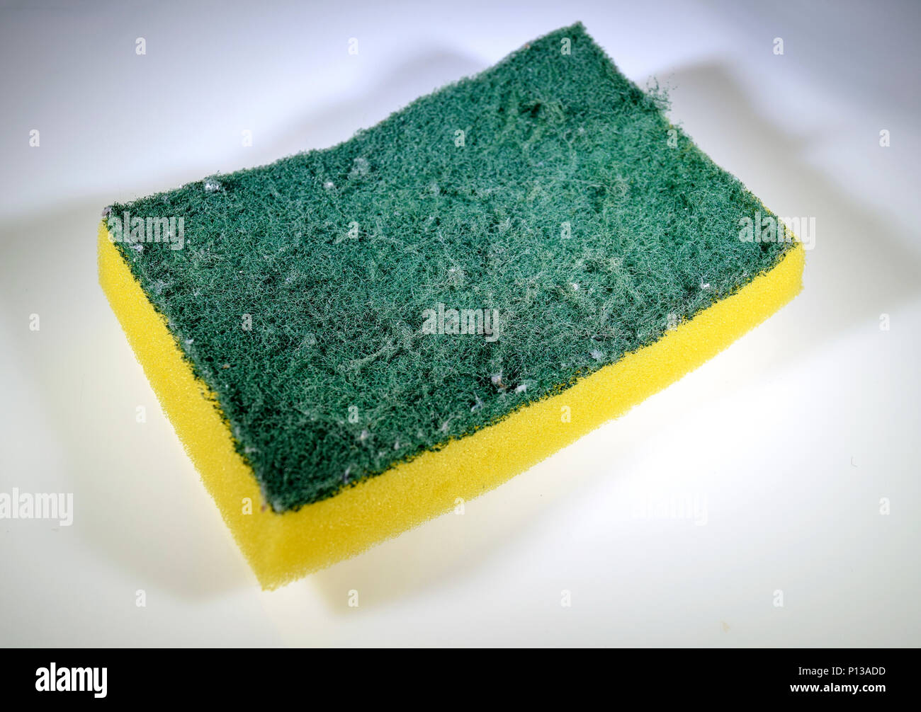Yellow spong with green scrubber - isolated, white background Stock ...
