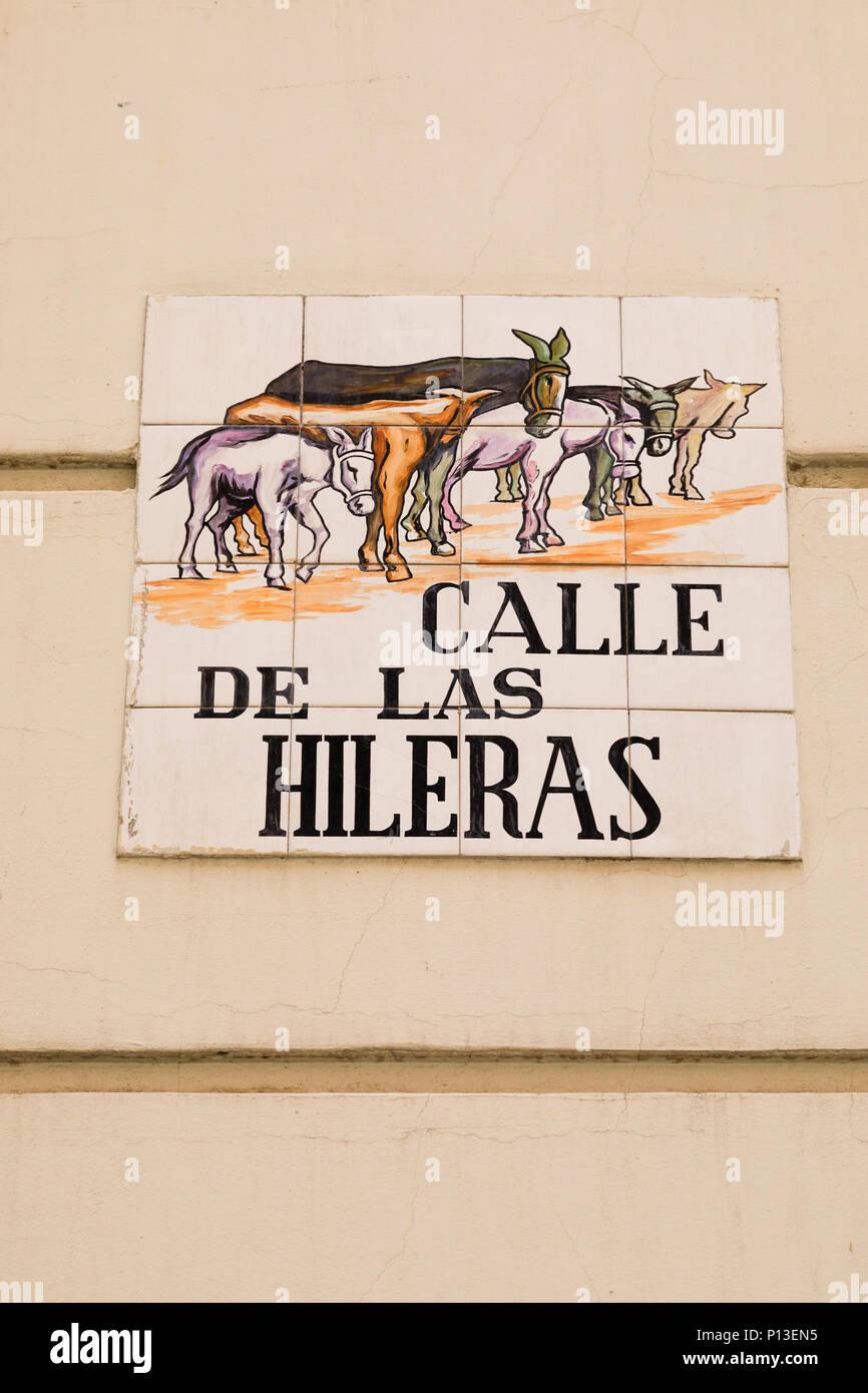 Traditional ceramic tile street name sign for Calle de las Hileras ...