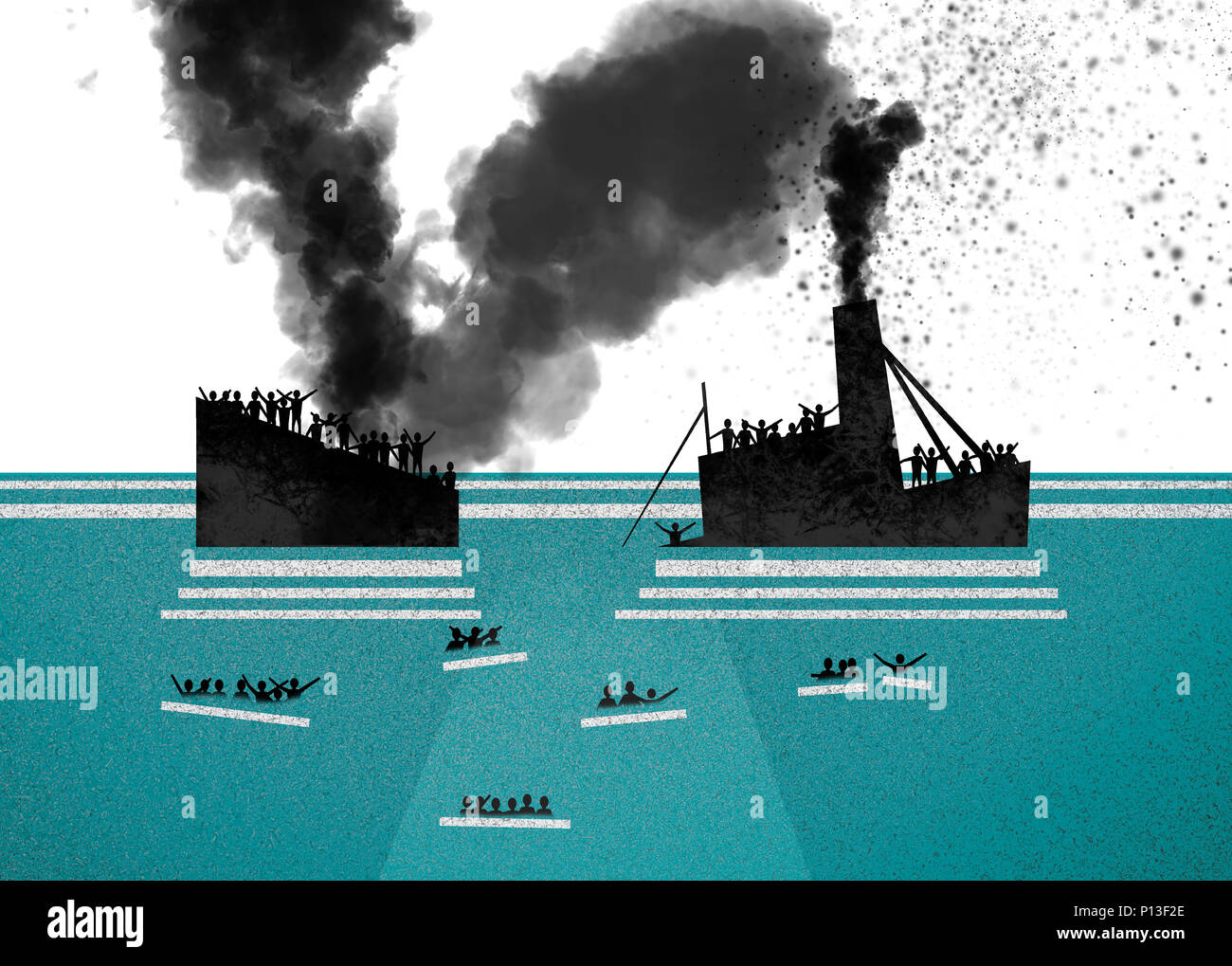 Ship with refugees on board requiring help. Sea with people in the ...