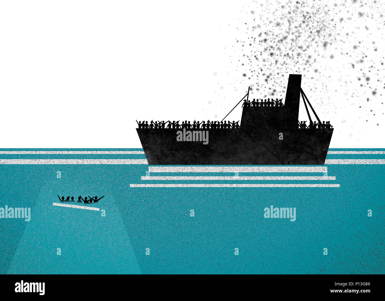 Ship with refugees on board requiring help. Sea with people in the ...