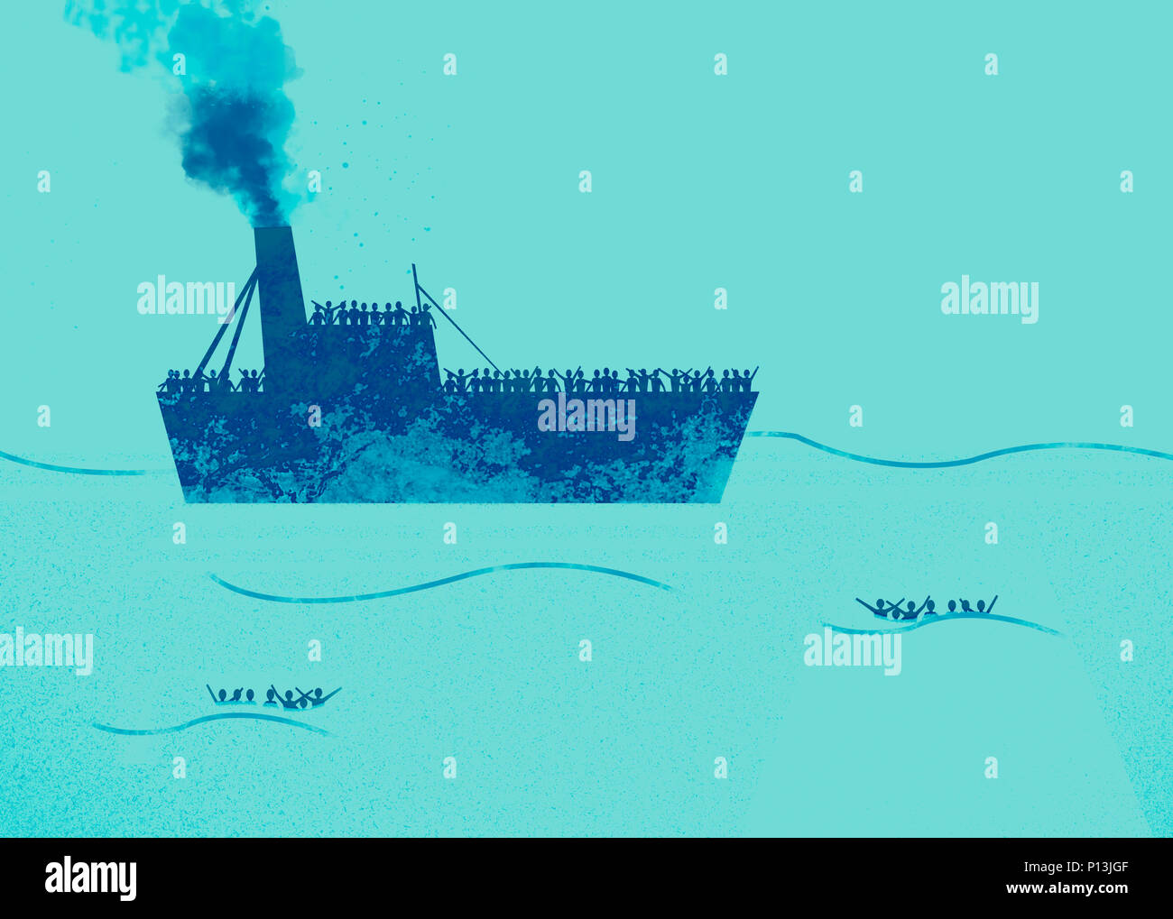 Ship with refugees on board requiring help. Sea with people in the ...