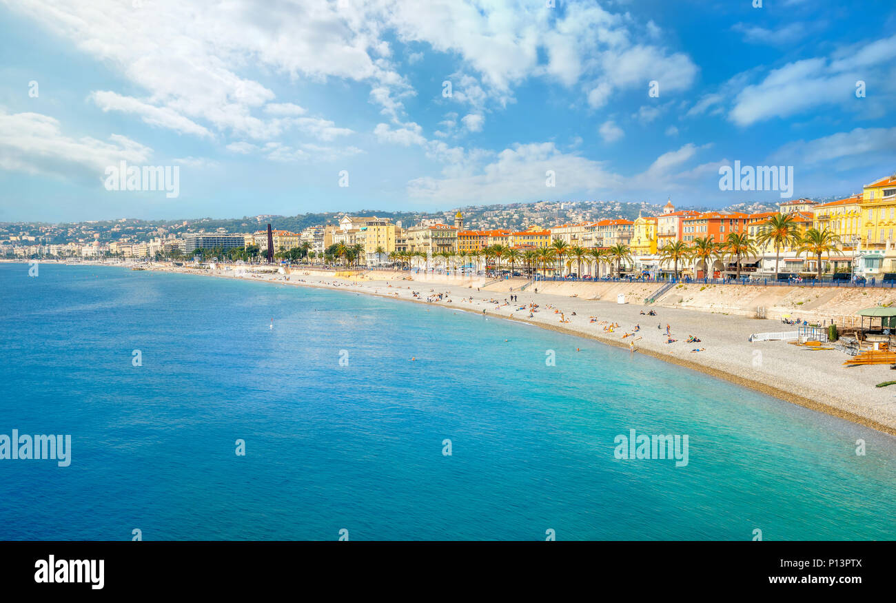 Panoramic view of beach and seafront in Nice. Cote D'Azur, France Stock ...
