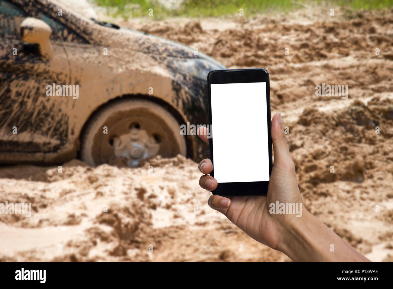 Man hand holding smartphone with white screen display use for mock up ...
