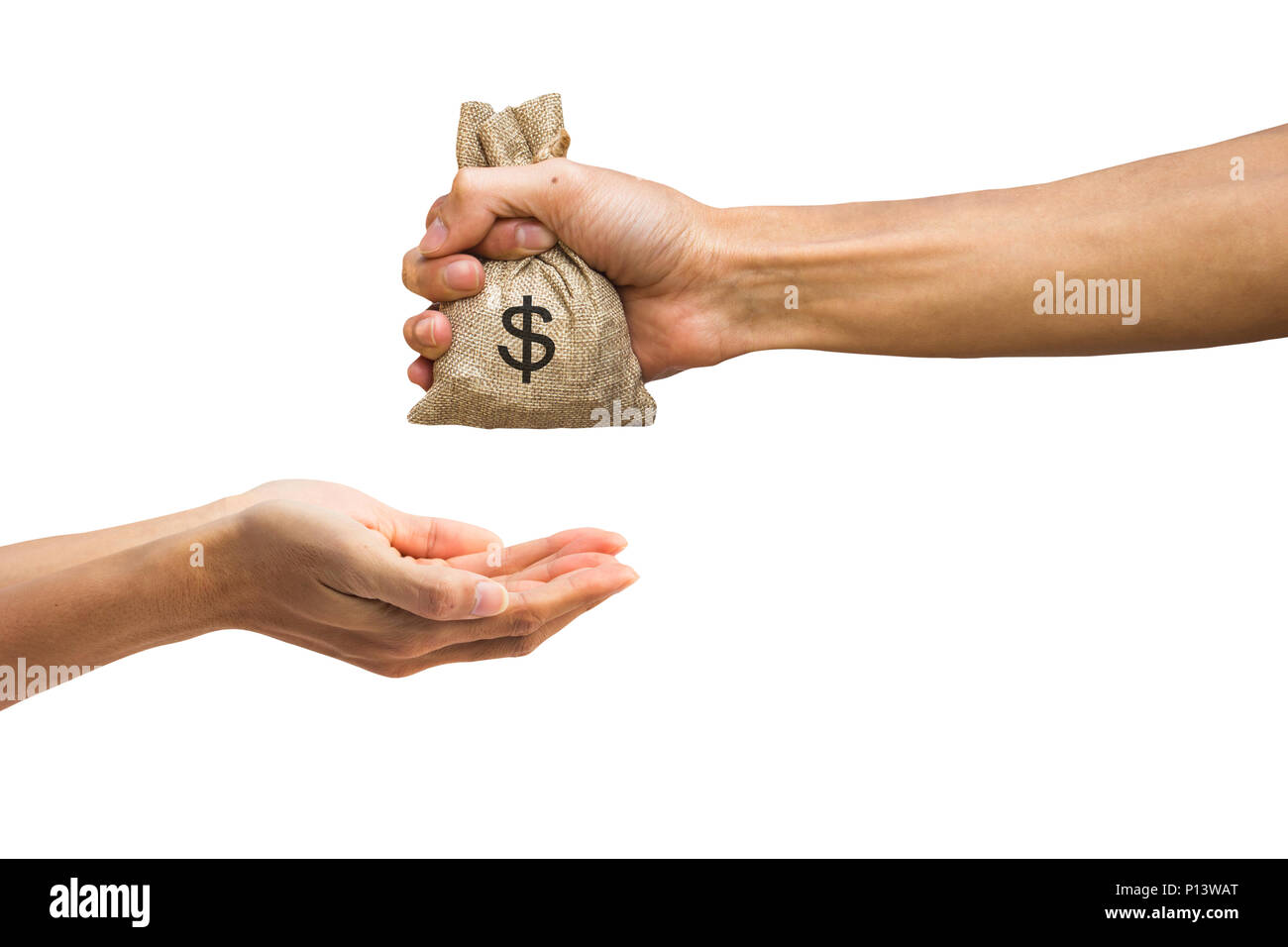 Man hand holding money bag and giving money to another person isolated ...