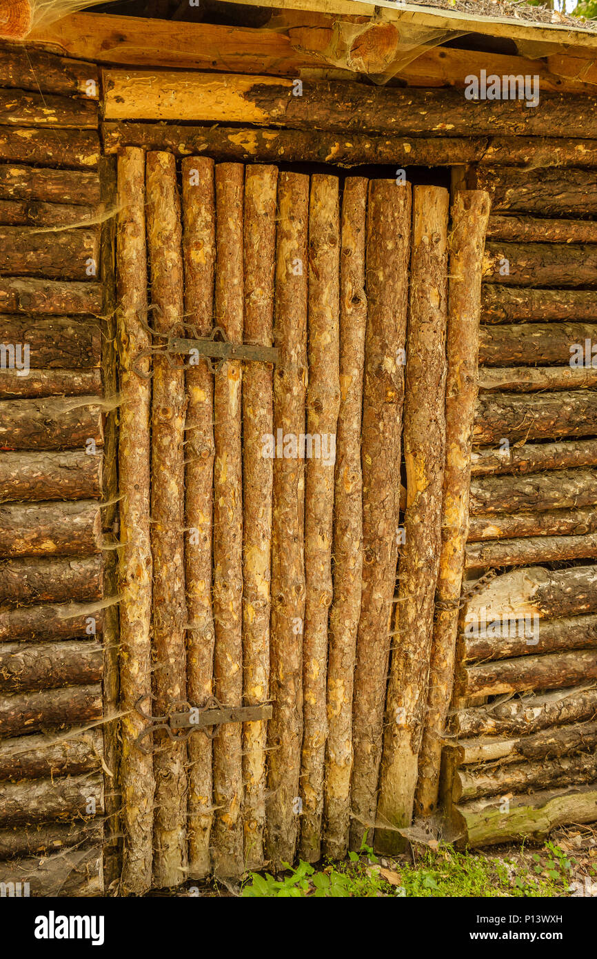 Closed old wooden door to a traditional Slavic cottage with metal ...
