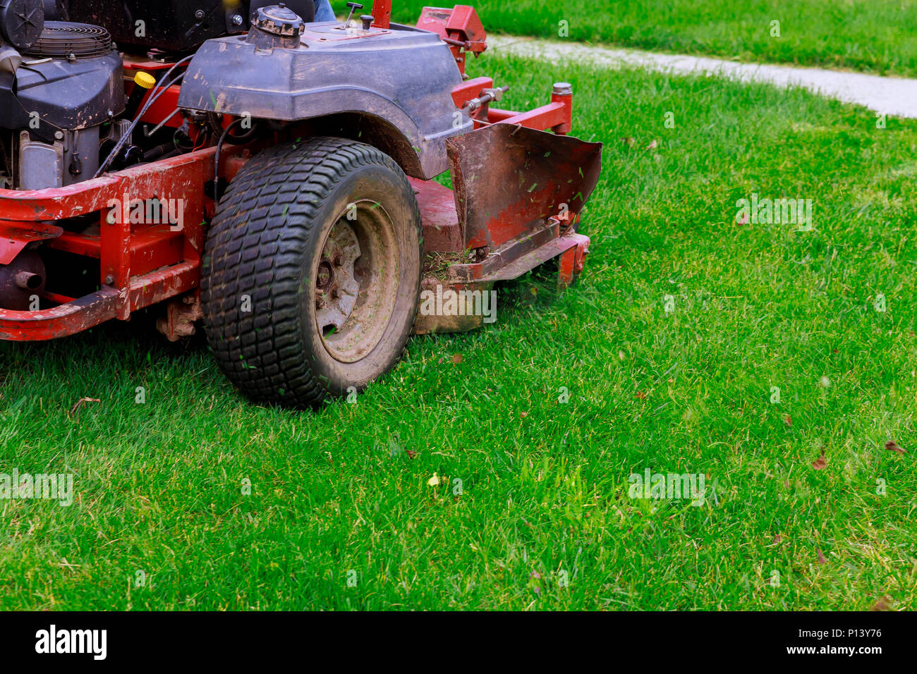 Mowing or cutting the long grass with a red Lawn mower in the summer ...