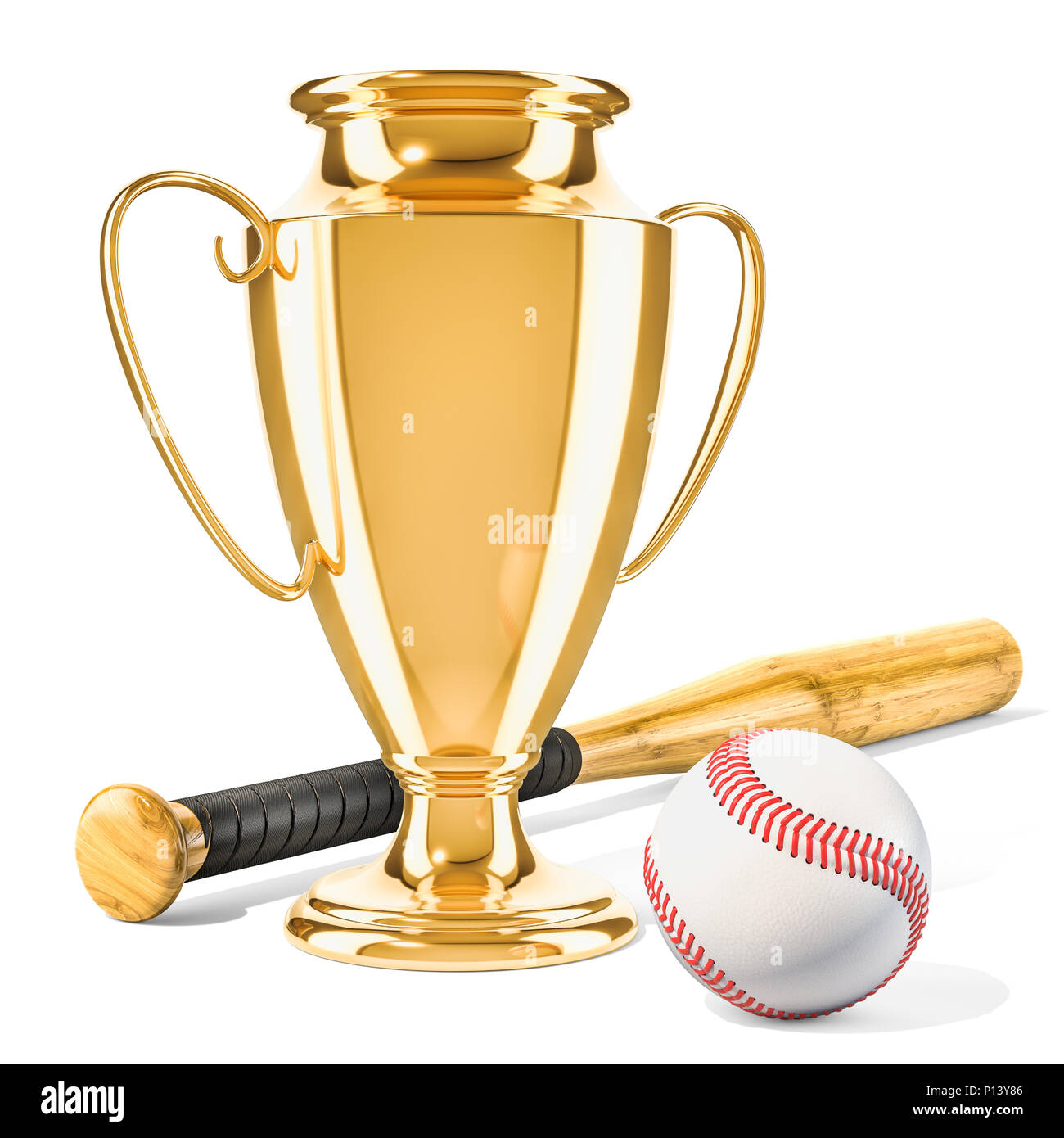 Gold trophy cup award with baseball ball and bat, 3D rendering isolated ...