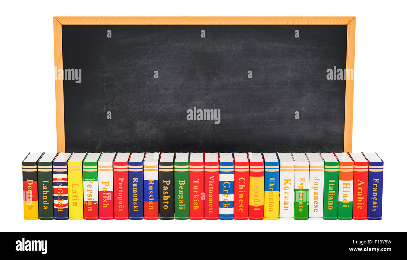 Languages books with blackboard, 3D rendering isolated on white ...
