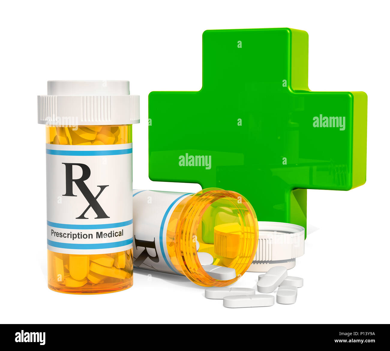 Medical care concept, green cross with drugs. 3D rendering isolated on ...