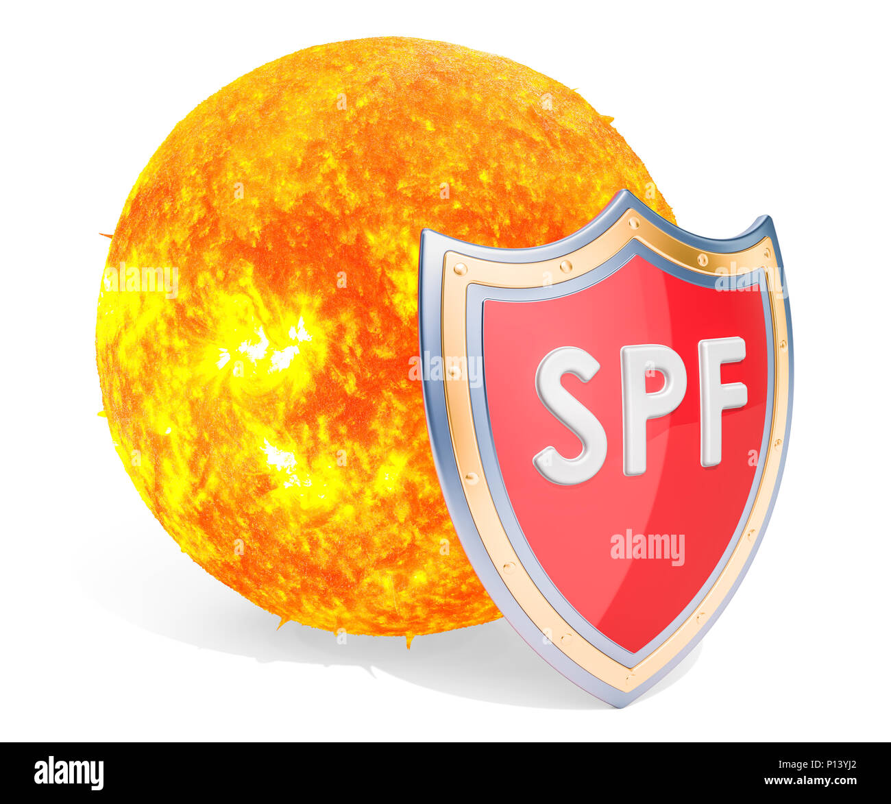 Sun with shield, SPF protect concept. 3D rendering Stock Photo - Alamy