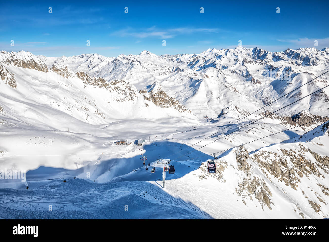 Stunning winter panorama in Tonale ski resort. View of Italian Alps ...
