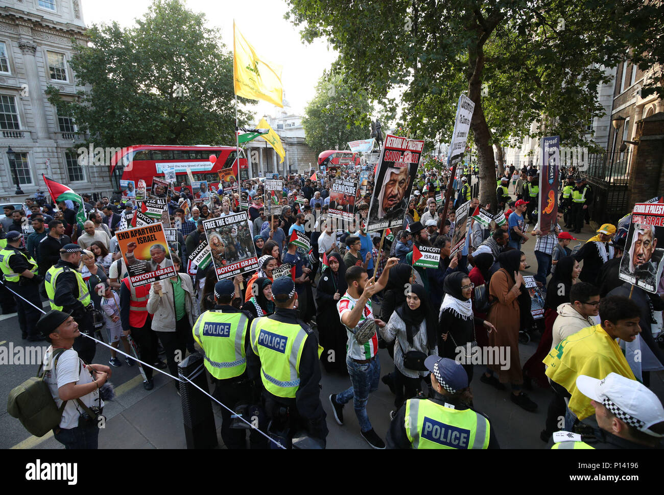 Pro-Palestinian demonstrators march along Whitehall to Downing Street ...