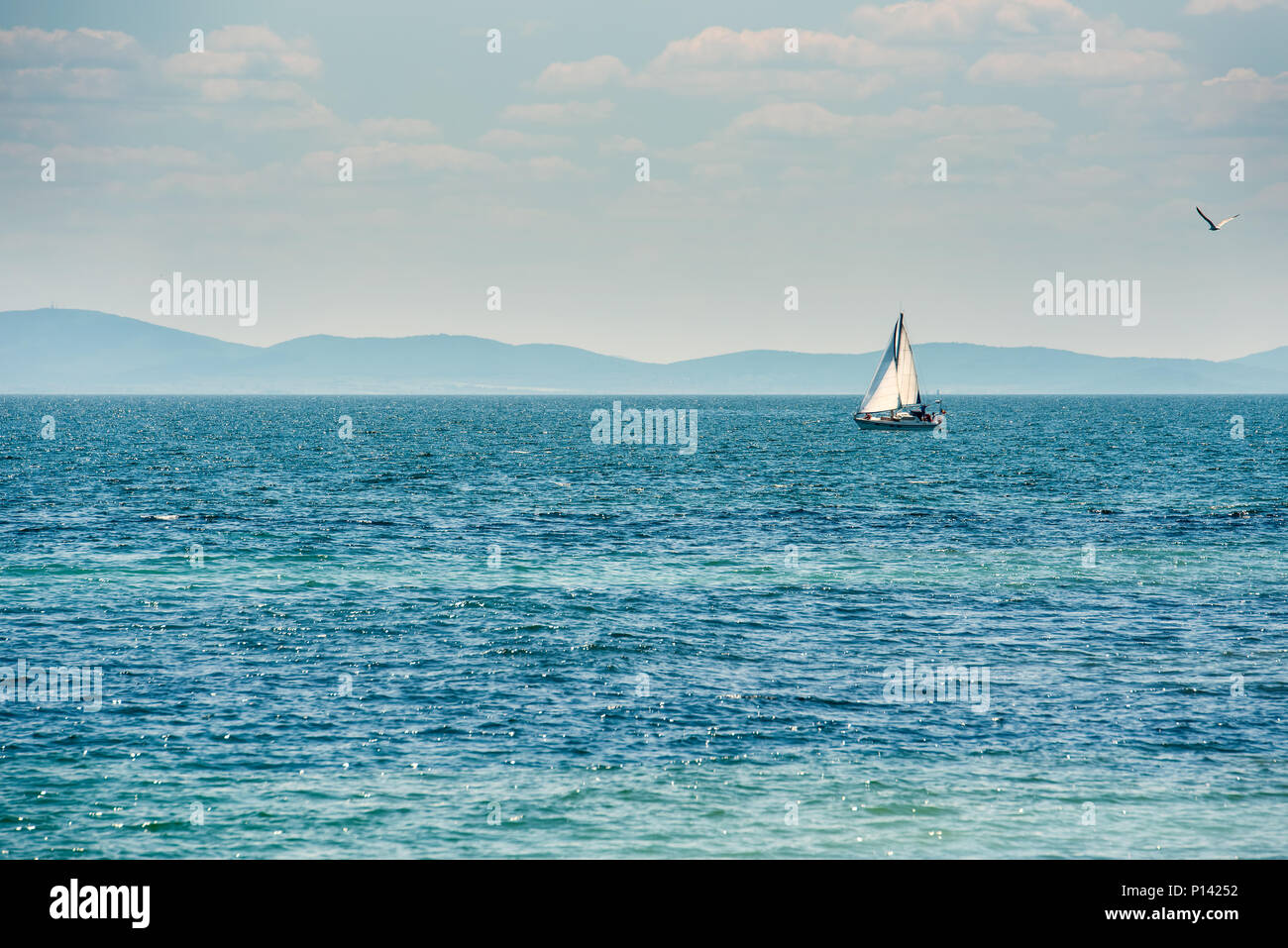 Yacht slowly sailing on a calm sea Stock Photo - Alamy