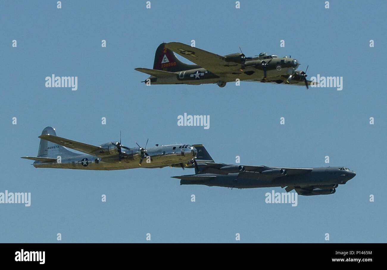 A B-29 Superfortress, B-17 Flying Fortress and B-52 Stratofortress fly ...