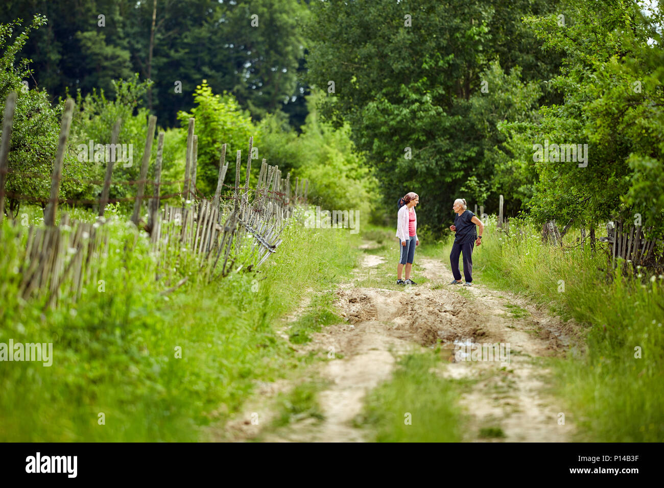 Woman taking a walk in the garden with her old mother Stock Photo - Alamy