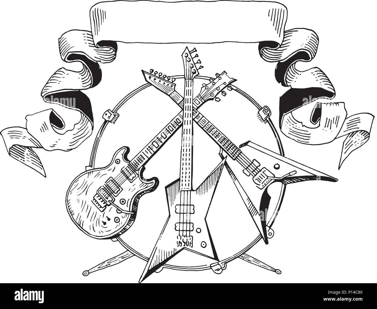 Heavy Metal Coat Of Arms Electric Guitar Bass Drums Line Art Isolated Hand Drawn Engraving