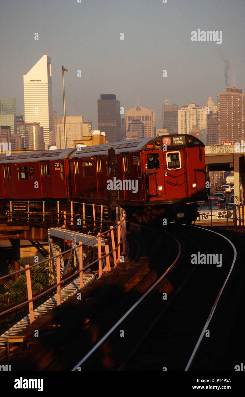 Number 7 Subway "Redbird" on Elevated Tracks in Queens, 1998, NYC, USA ...