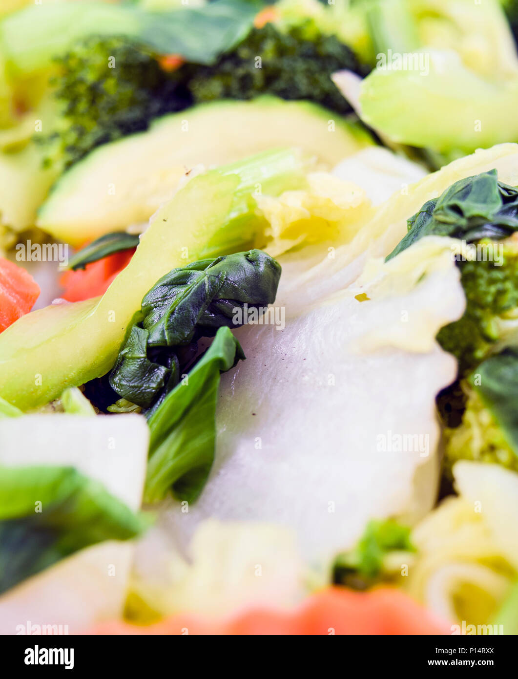 Closeup of steamed green vegetables. Healthy vegetable texture or ...