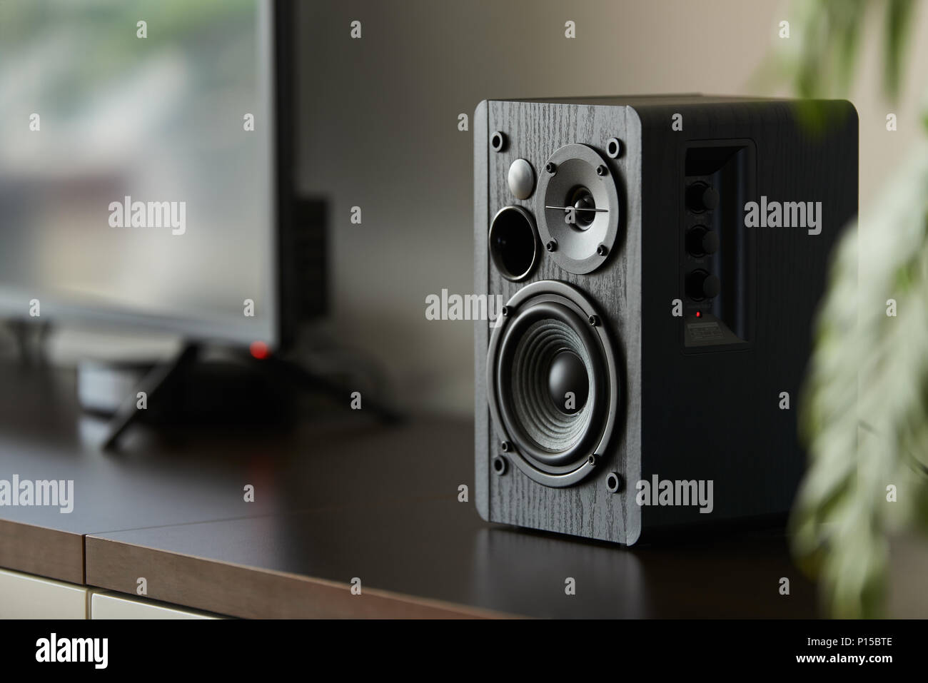 bookshelf speaker with digital TV and set top box on a TV stand Stock ...