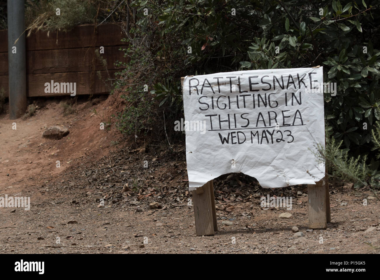 rattlesnake warning sign on a trail in Orange County, California, USA ...