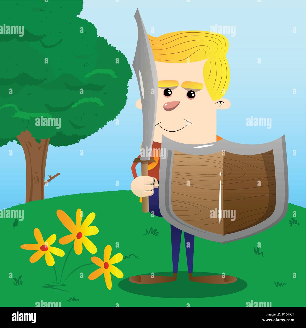 Schoolboy holding a sword and shield. Vector cartoon character ...