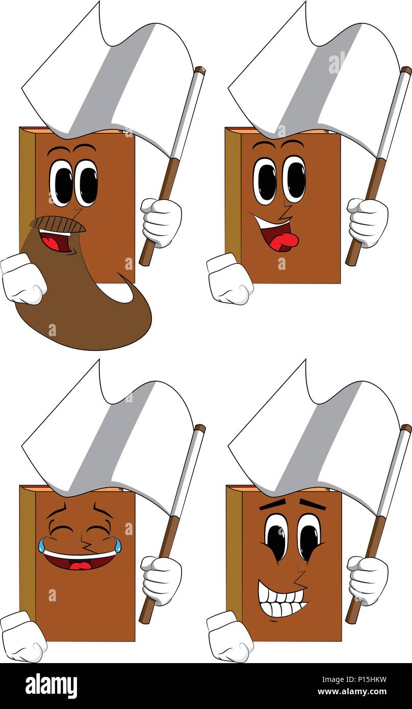 Books holding white flag of surrender. Cartoon book collection with ...