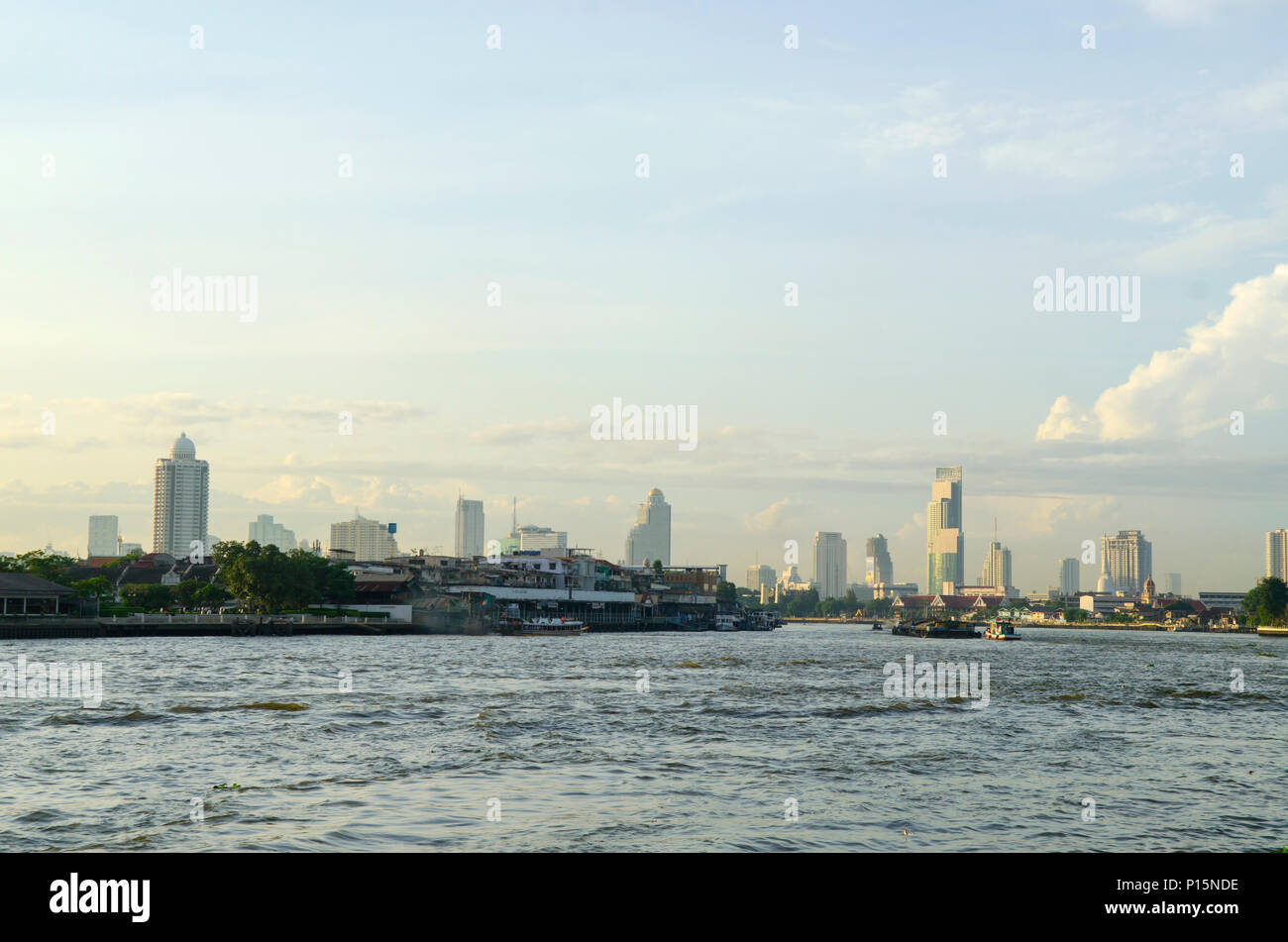 Penang cityscape with boats on ocean and skyscraper in Malaysia, Asia ...