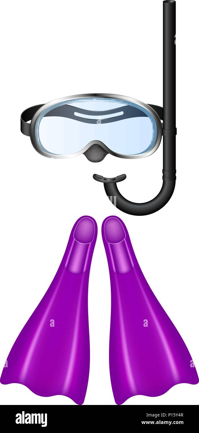 Retro diving goggles with purple flippers on white background Stock ...