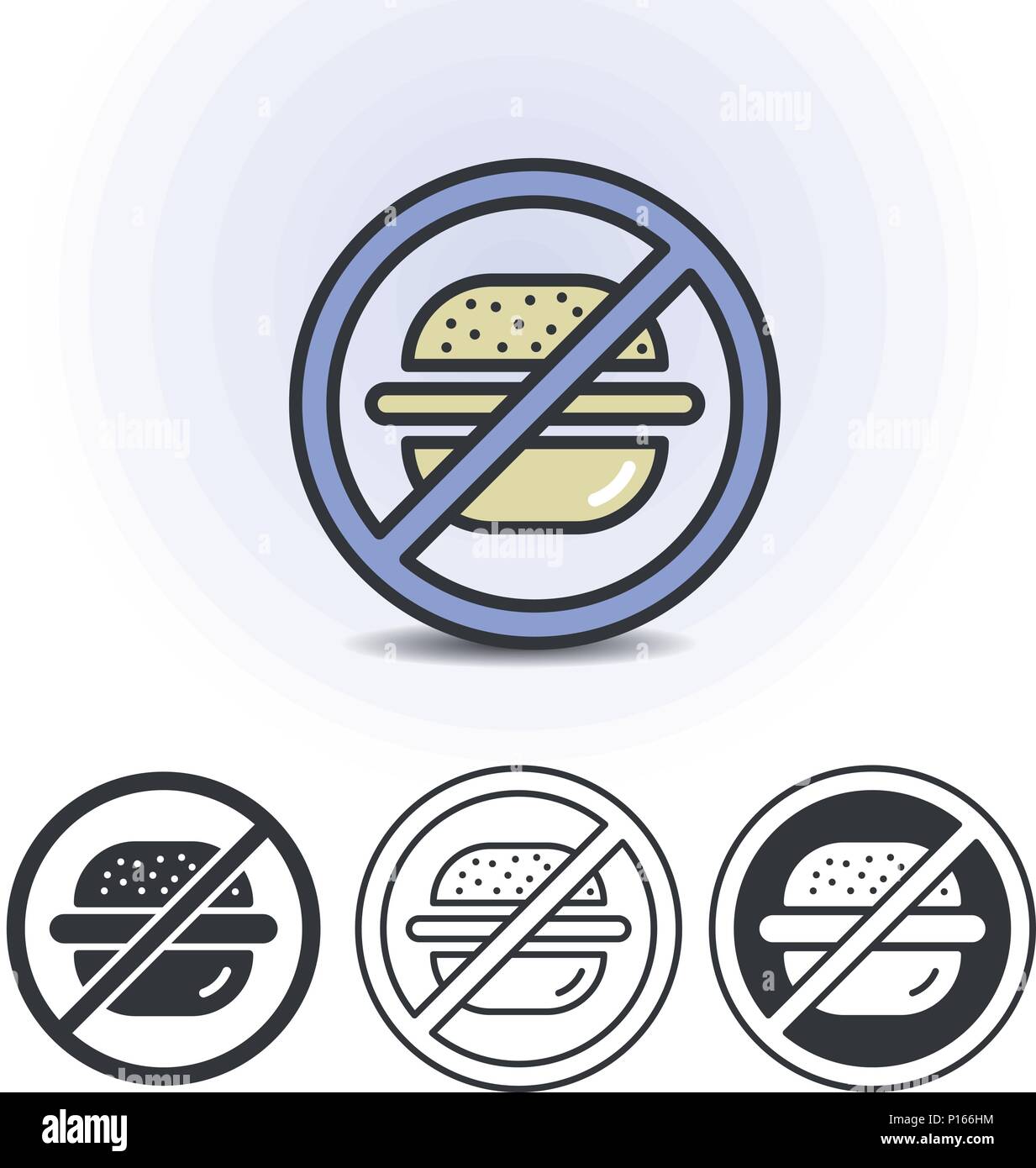 Stop fast food sign. No burger symbol. Contour line flat colored vector ...