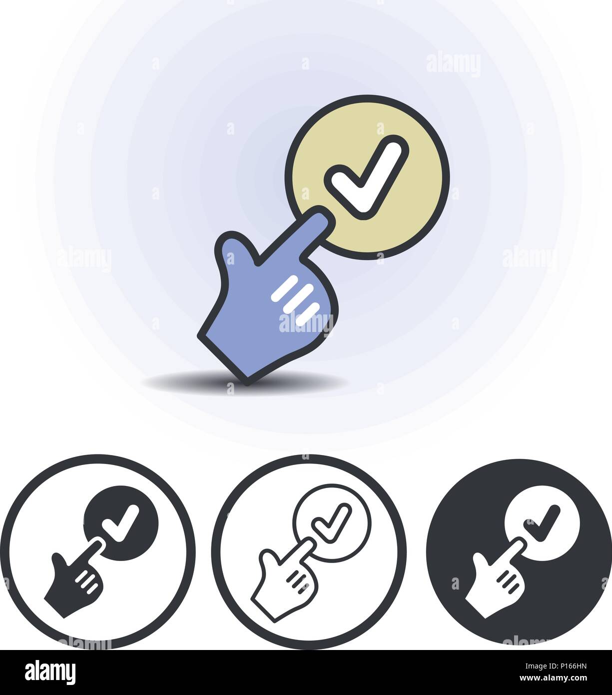 Hand cursor pointing finger at checkmark icon. Contour line flat ...