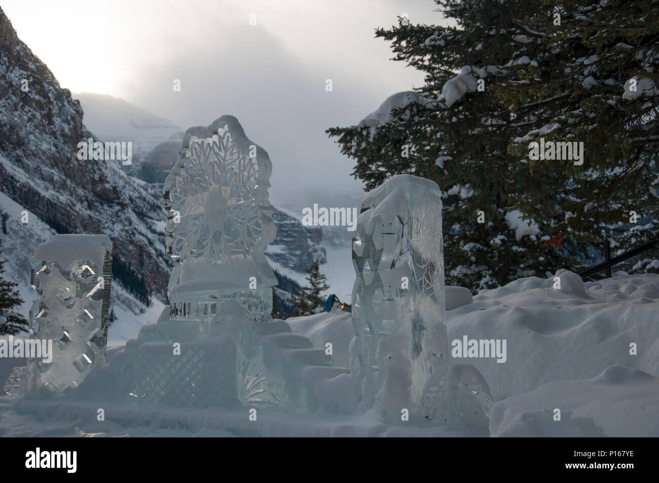 Snowflake carvings on an ice bar at the Ice Magic Festival, Chateau ...