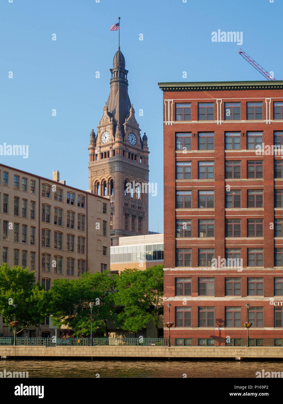 Milwaukee city hall view from Milwaukee Riverwalk Stock Photo - Alamy