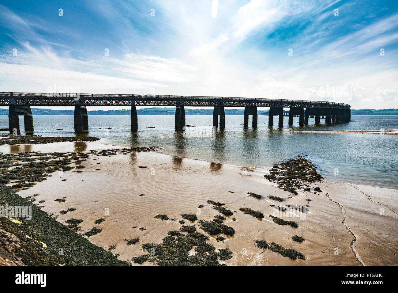 Panoramic view of the Tay Rail Bridge in Scotland. A railway bridge ...