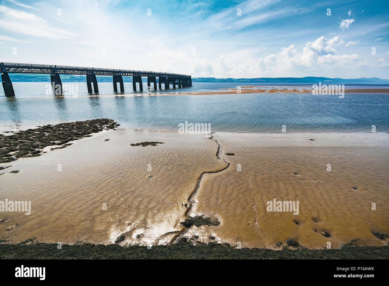 Panoramic view of the Tay Rail Bridge in Scotland. A railway bridge ...