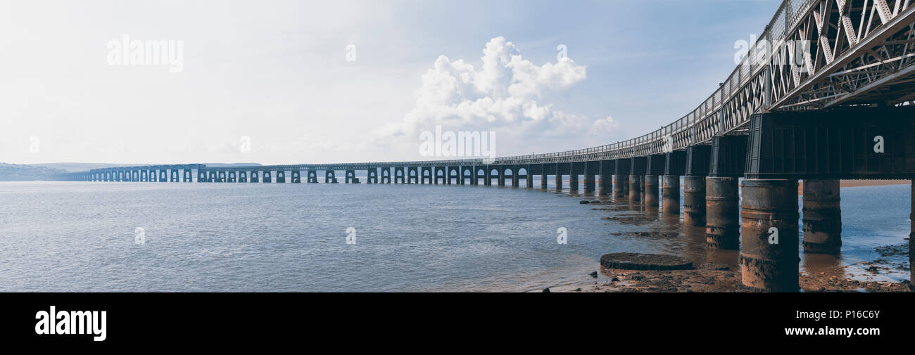 Panoramic view of the Tay Rail Bridge in Scotland. A railway bridge ...
