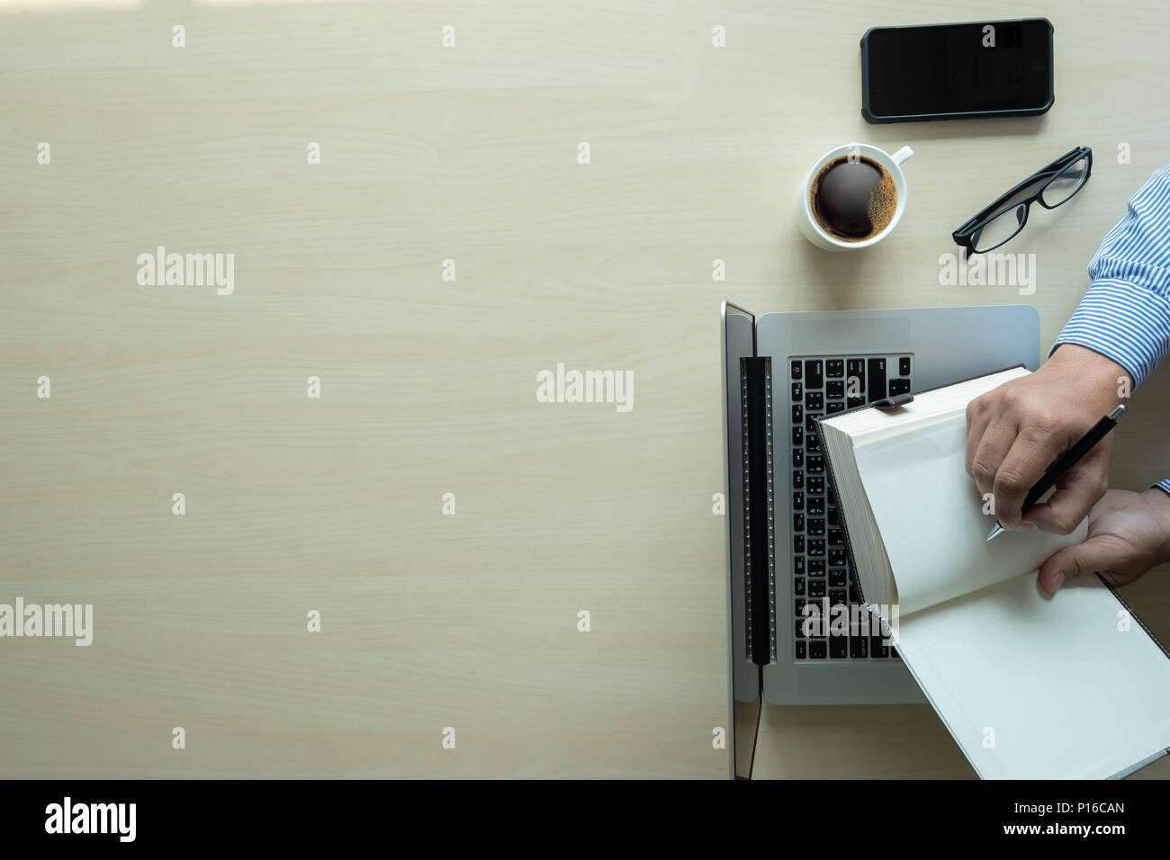 Overhead View top view man Working Desk Concept Stock Photo - Alamy
