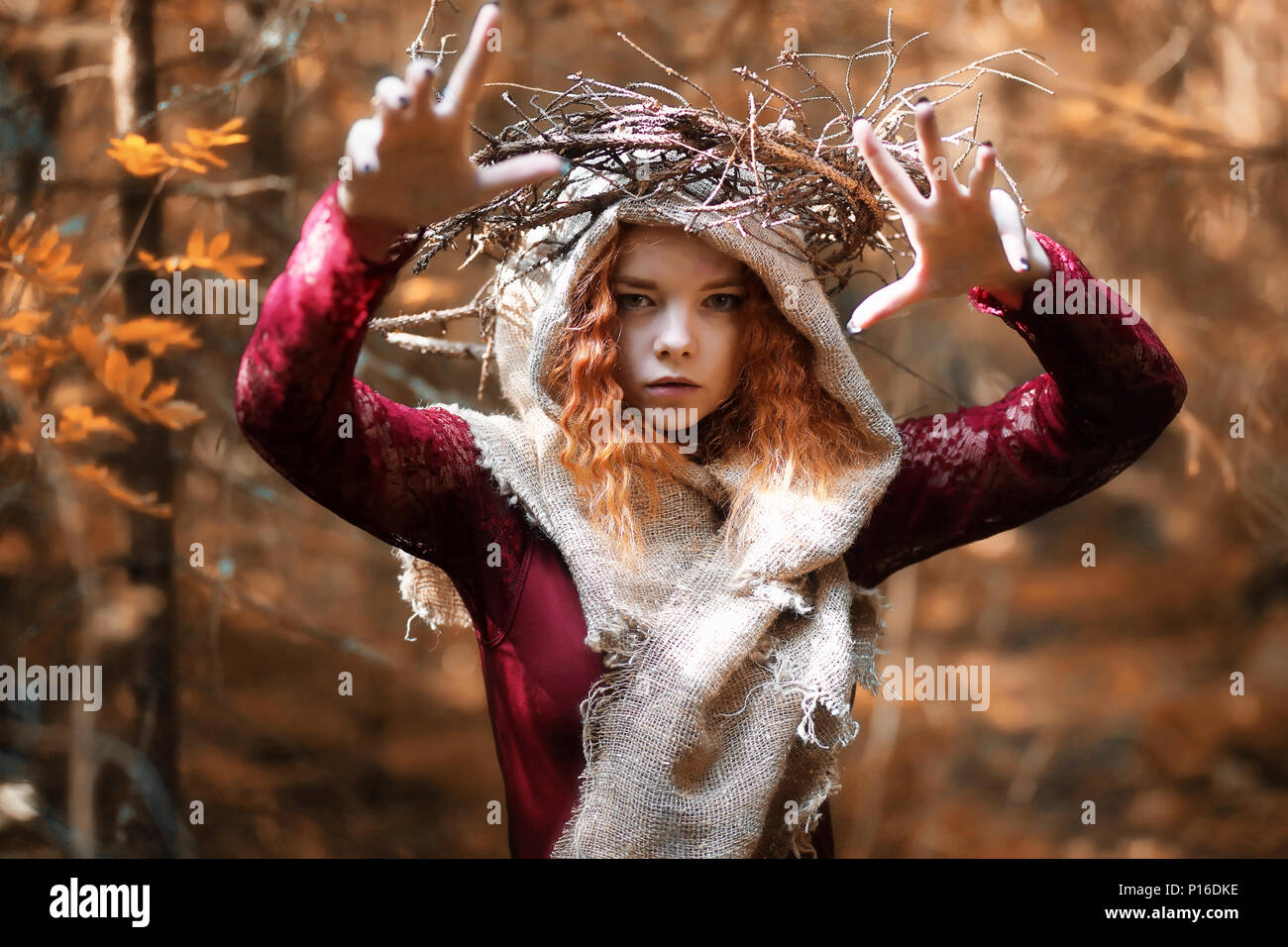 Fortune-teller conducts a ritual in the depths of the forest Stock ...