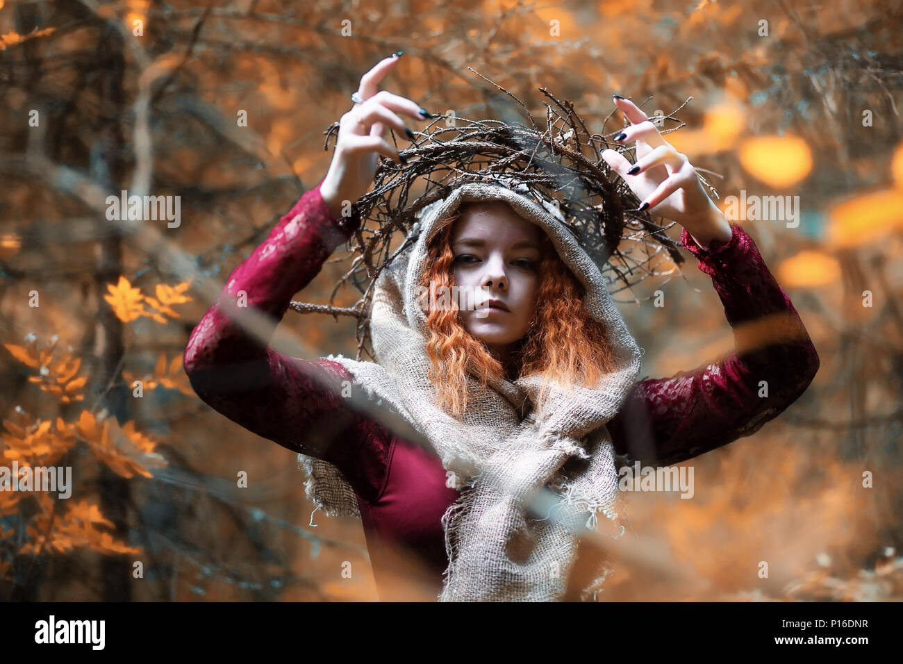 Fortune-teller conducts a ritual in the depths of the forest Stock ...
