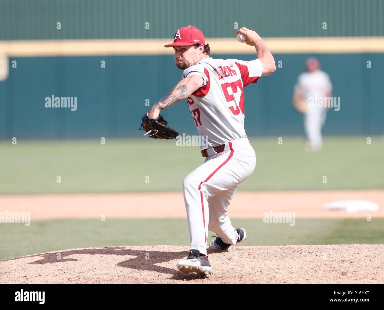 Jun 10, 2018: Razorback pitcher Cody Scroggins #57 brings a pitch from ...
