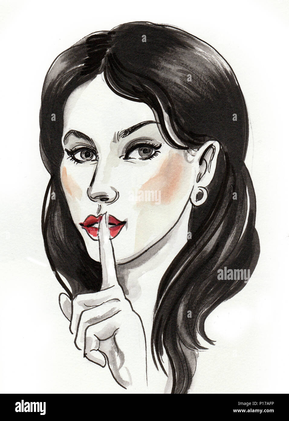 Woman with a finger at her lips Stock Photo - Alamy