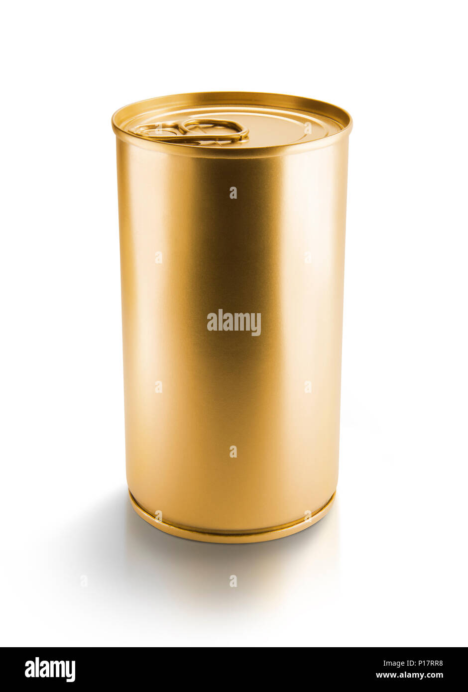 Gold can on white background Stock Photo - Alamy