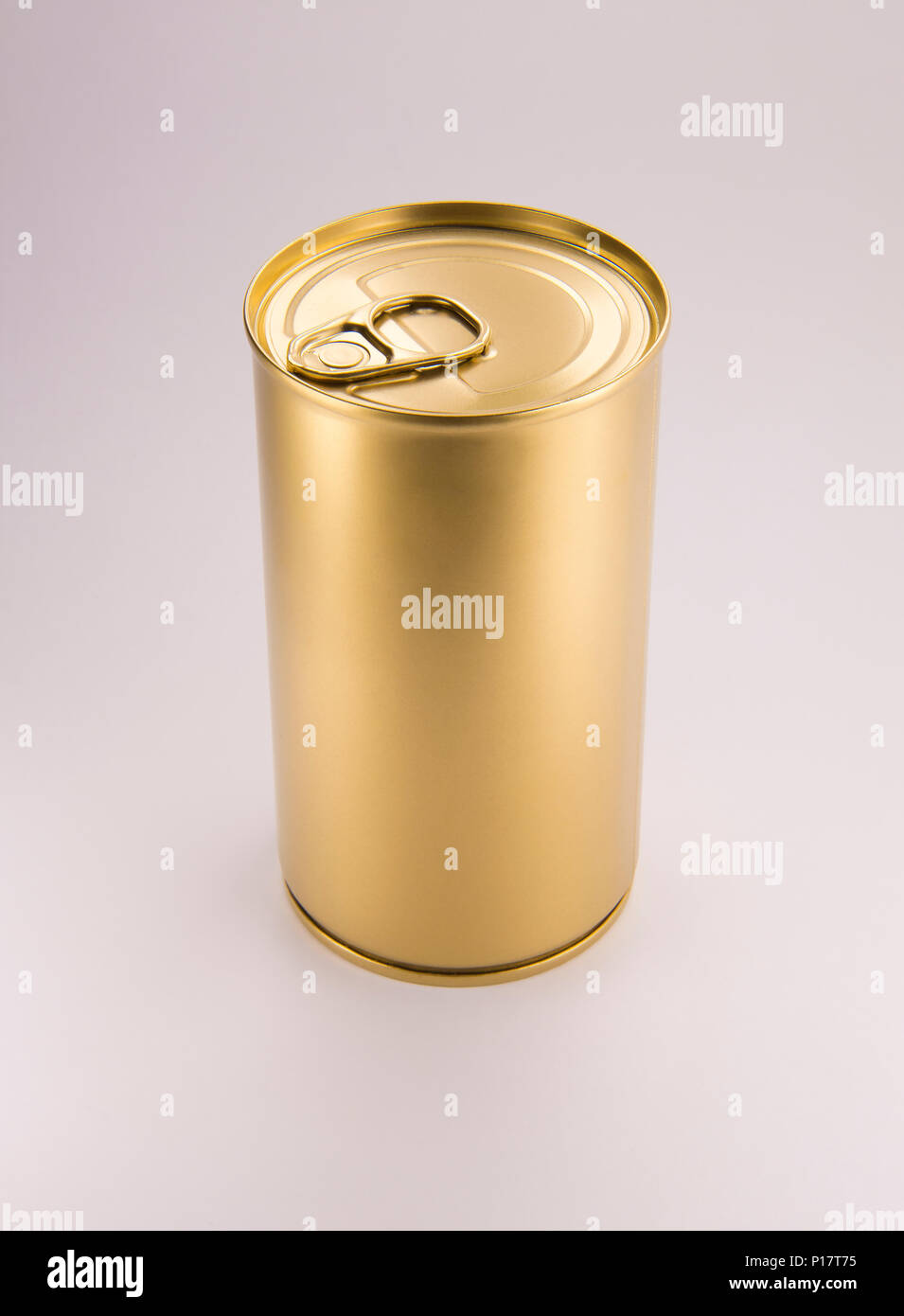 Gold can on white background Stock Photo - Alamy