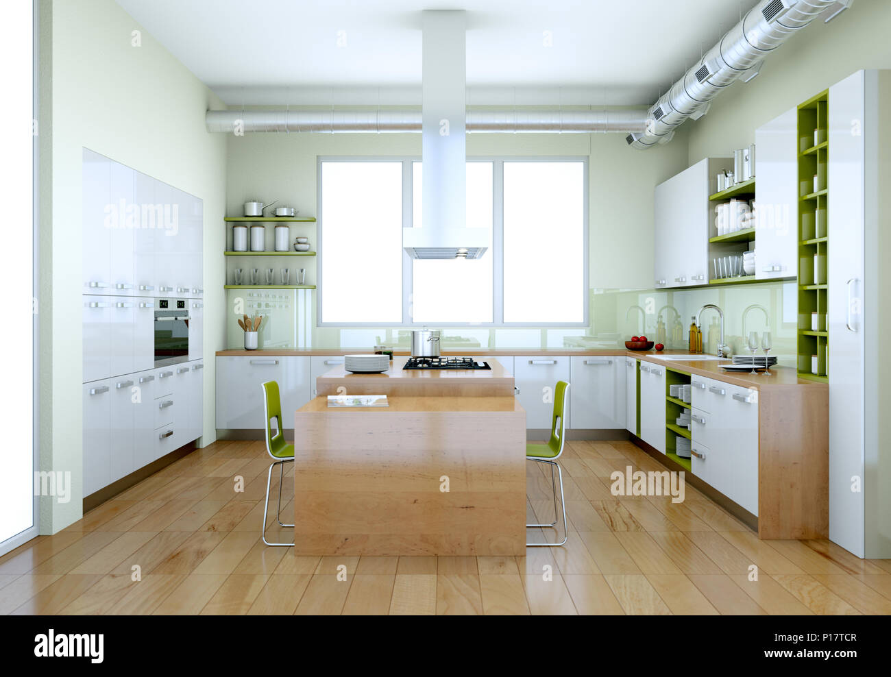 White modern kitchen with green elements interior design Stock Photo ...