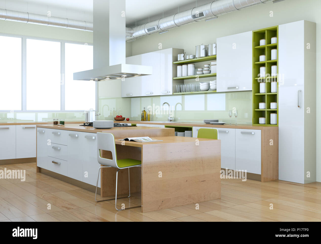 White modern kitchen with green elements interior design Stock Photo ...