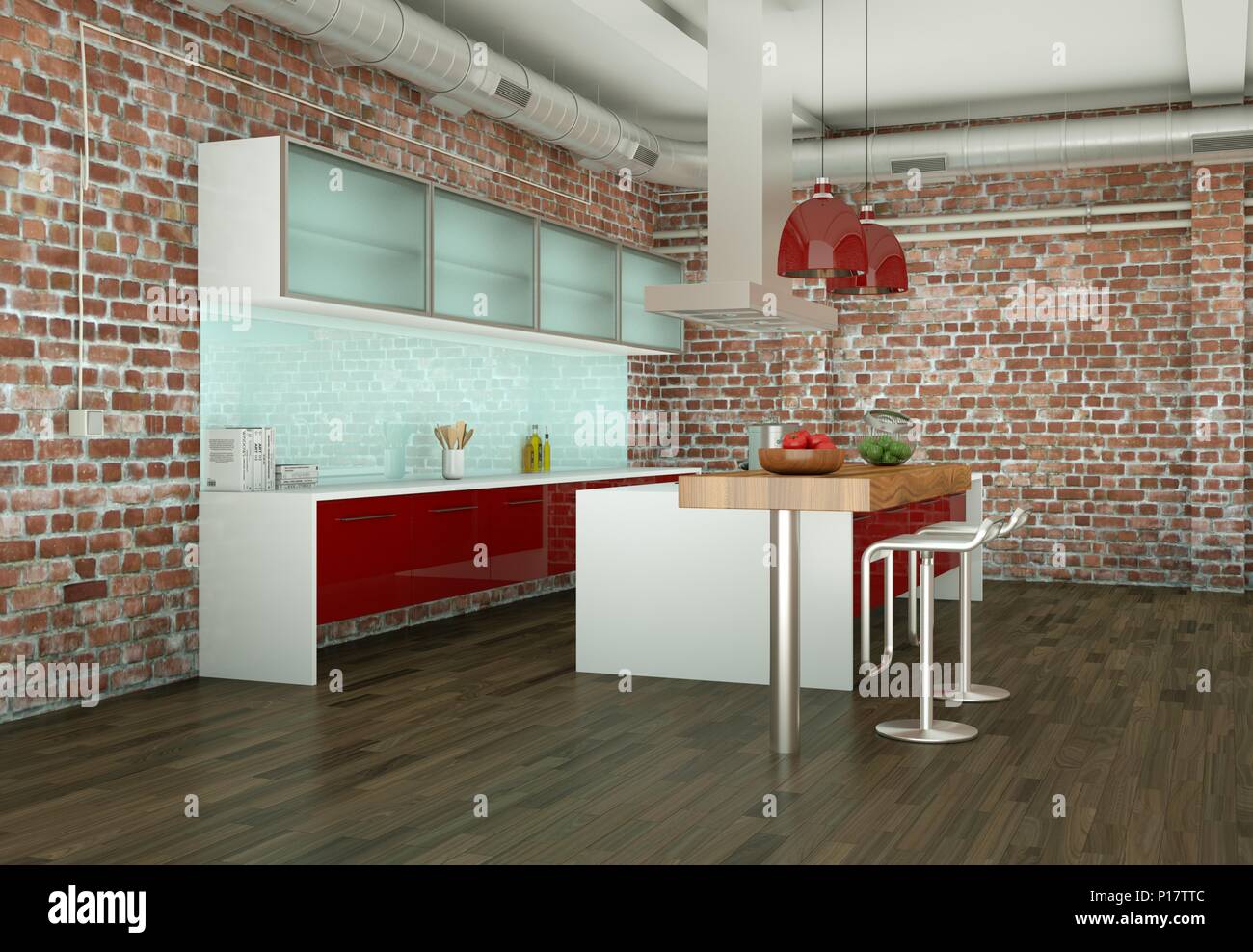 Red modern kitchen in a room with stone wall Stock Photo - Alamy