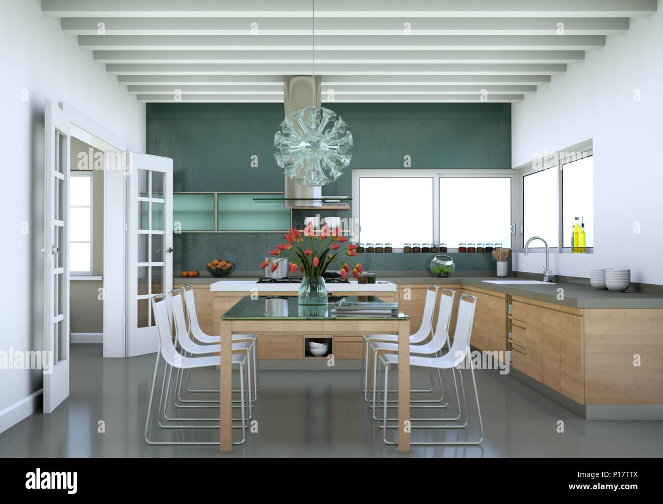 beautiful modern kitchen with a dinging table and chairs Stock Photo ...