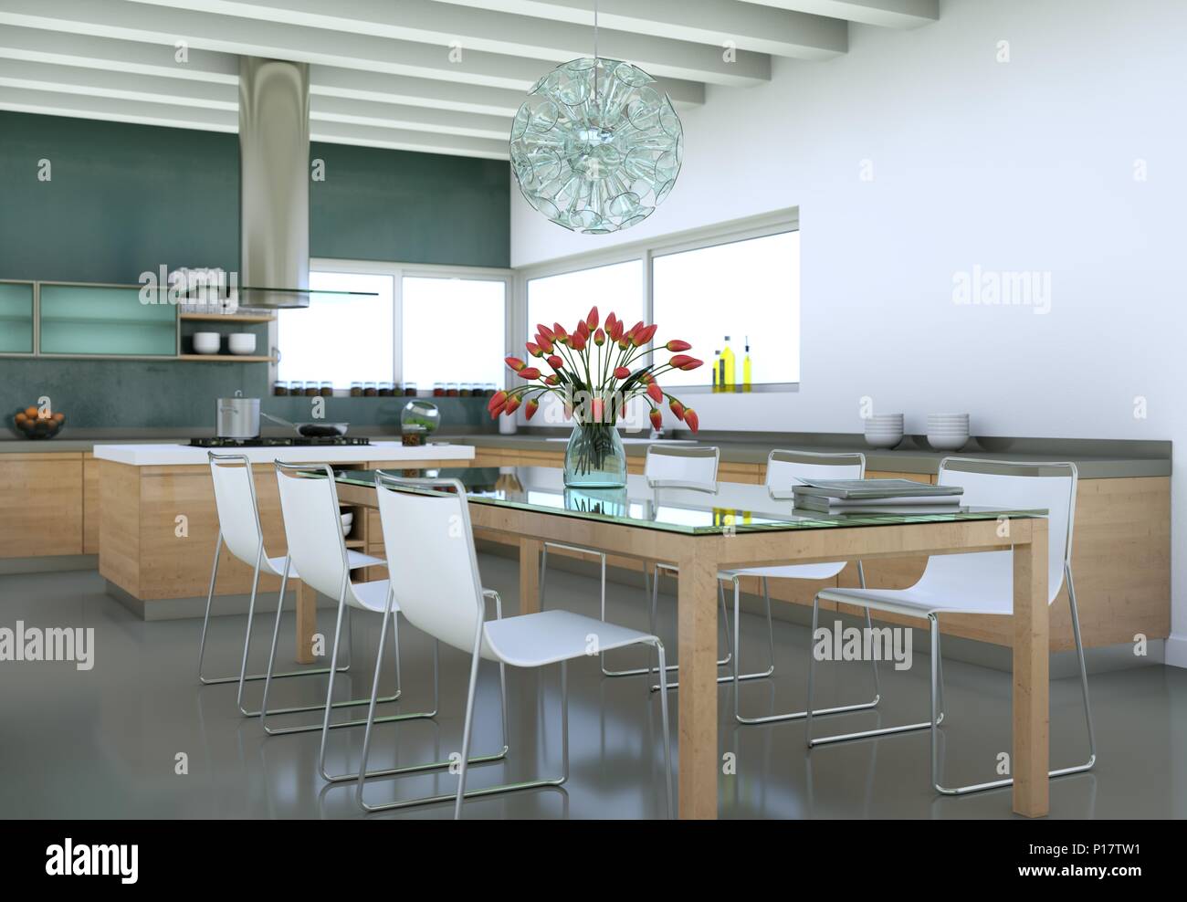 beautiful modern kitchen with a dinging table and chairs Stock Photo ...